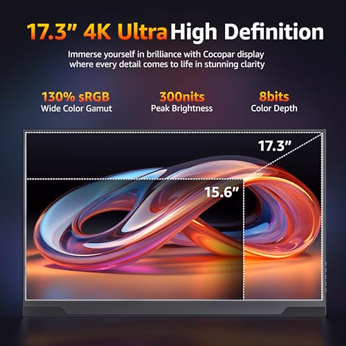 cocopar Portable Monitor 4K - 17.3 Inch UHD FreeSync HDR IPS 130% sRGB 3840x2160 Lightweight Eye Care Computer Display with Type-C Mini DP HDMI for Xbox PS4/5 Switch Laptop PC Mac, with Smart Case
