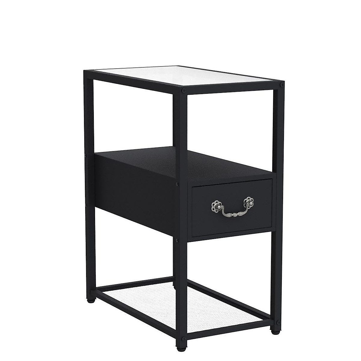 VECELO Tall End Side Tables Living Room Modern Narrow Nightstand with Drawer and Shelf for Bedroom Office,Tempered Glass, Black