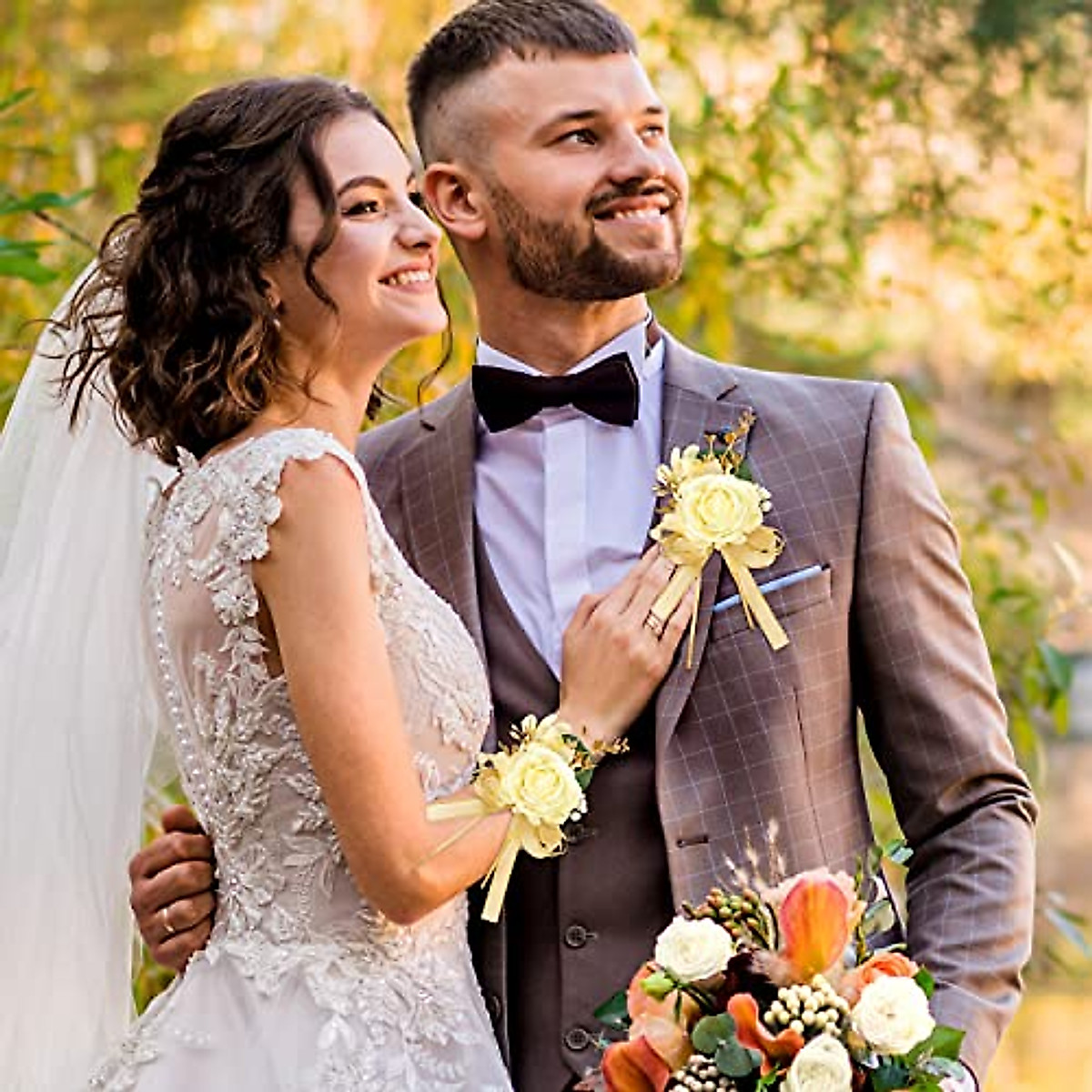 Ivory Rose Wrist Corsage Wristlet Band Bracelet and Boutonniere Set for Men Women Bride Bridesmaid Wedding Prom Flowers Accessories (A-Boutonniere & Wrist Corsage)