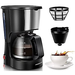 Aigostar 4 Cups Drip Coffee Maker, Coffee Pot Machine with Reusable Filter, Warming Plate and Glass Carafe Compact Coffeemakers for Home, Office & Travel, Stainless Steel Decoration, Black