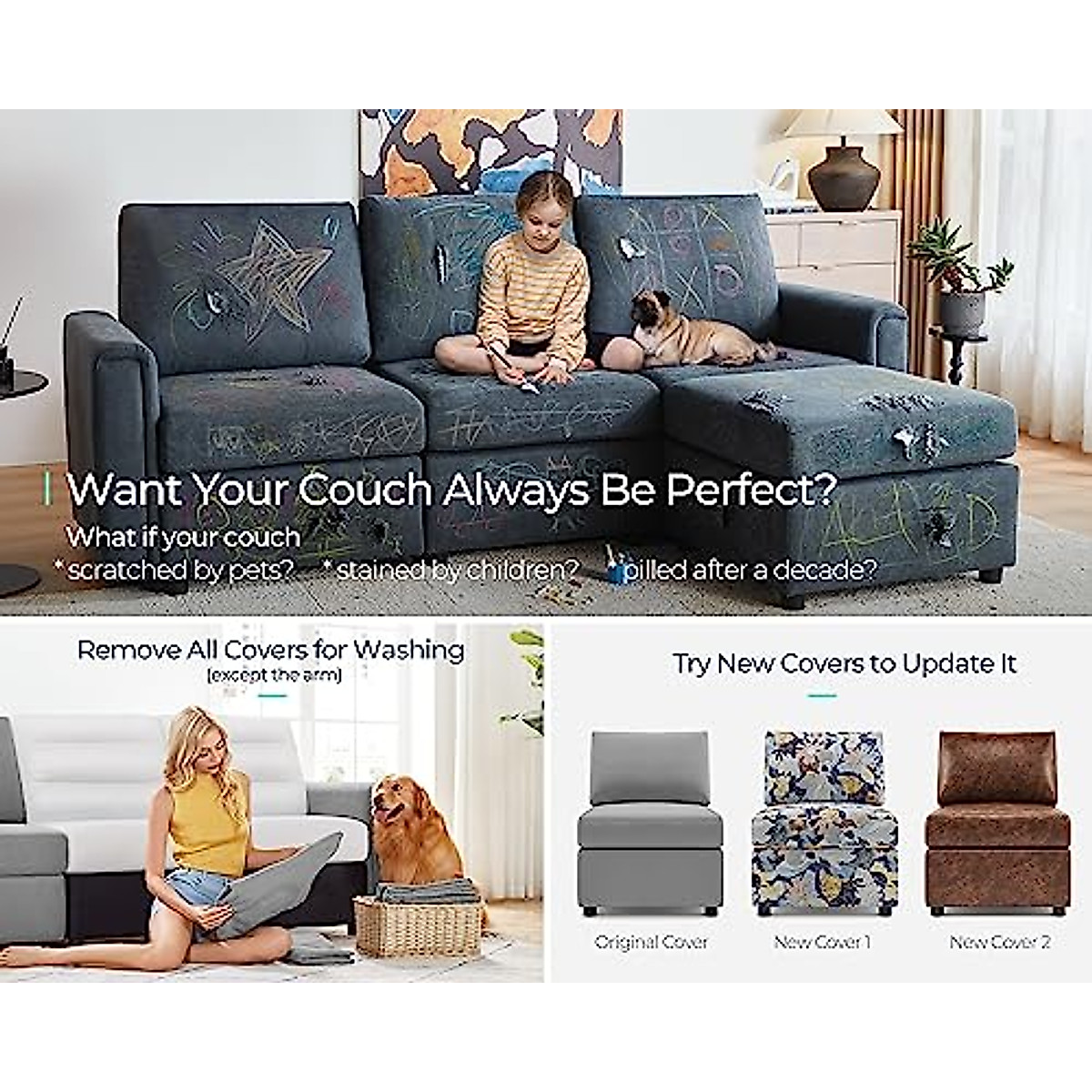 LINSY HOME Modular Sectional Sofa, Oversized Sectional Couch with Storage, Ottomans, Modular Sectional Sleeper Sofa with Memory Foam, 9 Seat U Shape Sofa Set for Living Room, Grey