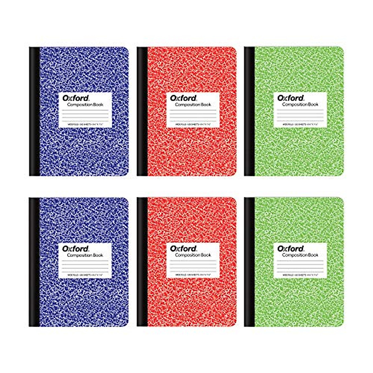 Oxford Composition Notebook 6 Pack, Wide Ruled Paper, 9-3/4 x 7-1/2 Inches, 100 Sheets, Assorted Marble Covers, 2 Each: Blue, Green, Red (63762)