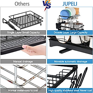 JUPELI Dish Drying Rack, 2 Tier Dish Racks for Kitchen Counter, Large Dish Drainer Strainer Dryer Tray Set, Kitchen Gadgets with Drainboard | Utensil | Cutting-Board Holder, Kitchen Organization Decor