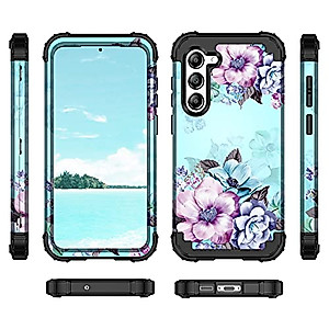 Casetego Compatible with Galaxy S23 5G Case,Floral Shockproof Three Layer Heavy Duty Protective[2 Pcs Tempered Screen Protector+2 Pcs Camera Lens Protector] Case for Samsung Galaxy S23,Blue Flower
