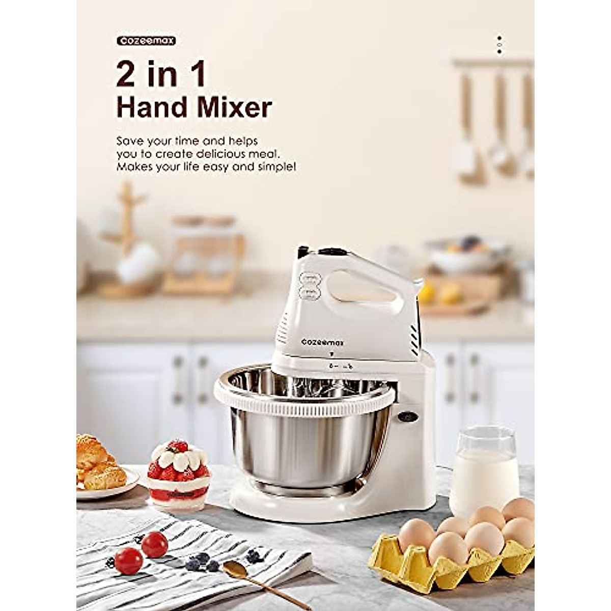 2 in 1 Hand Mixers Kitchen Electric Stand mixer with bowl 3 Quart, electric mixer handheld for Everyday Use, Dough Hooks & Mixer Beaters for Frosting, Meringues & More (White-S)