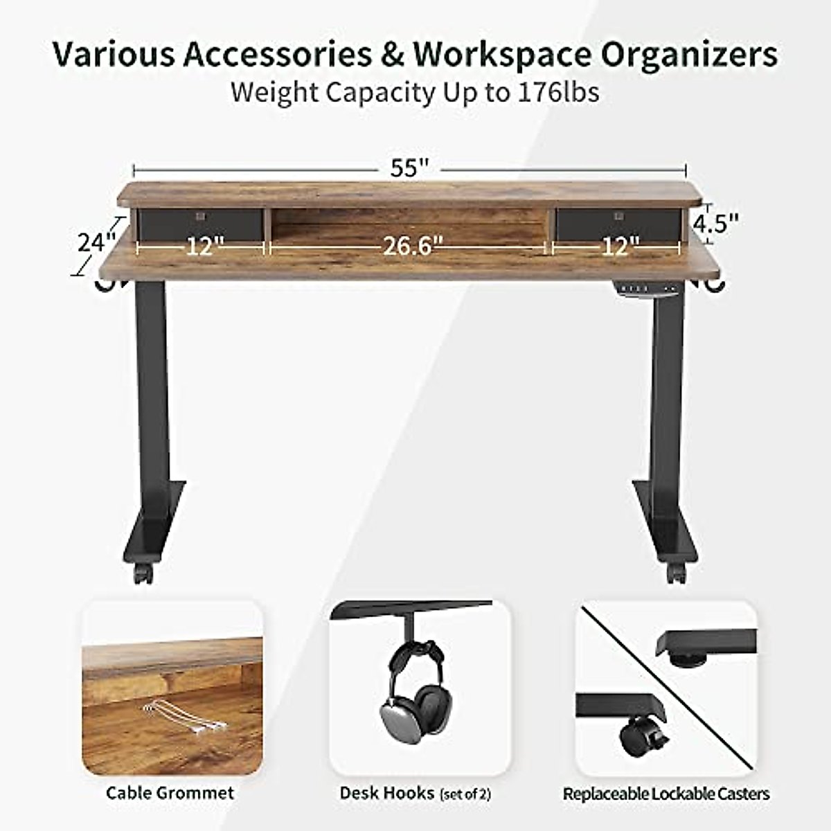 FEZIBO Height Adjustable Electric Standing Desk with Double Drawer, 55 x 24 Inch Stand Up Table with Storage Shelf, Sit Stand Desk with Splice Board, Black Frame/Rustic Brown Top
