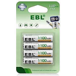 EBL AAA Rechargeable Batteries (4 Counts) 1100mAh Pre-Charged Triple A NiMH Battery with Retail Package
