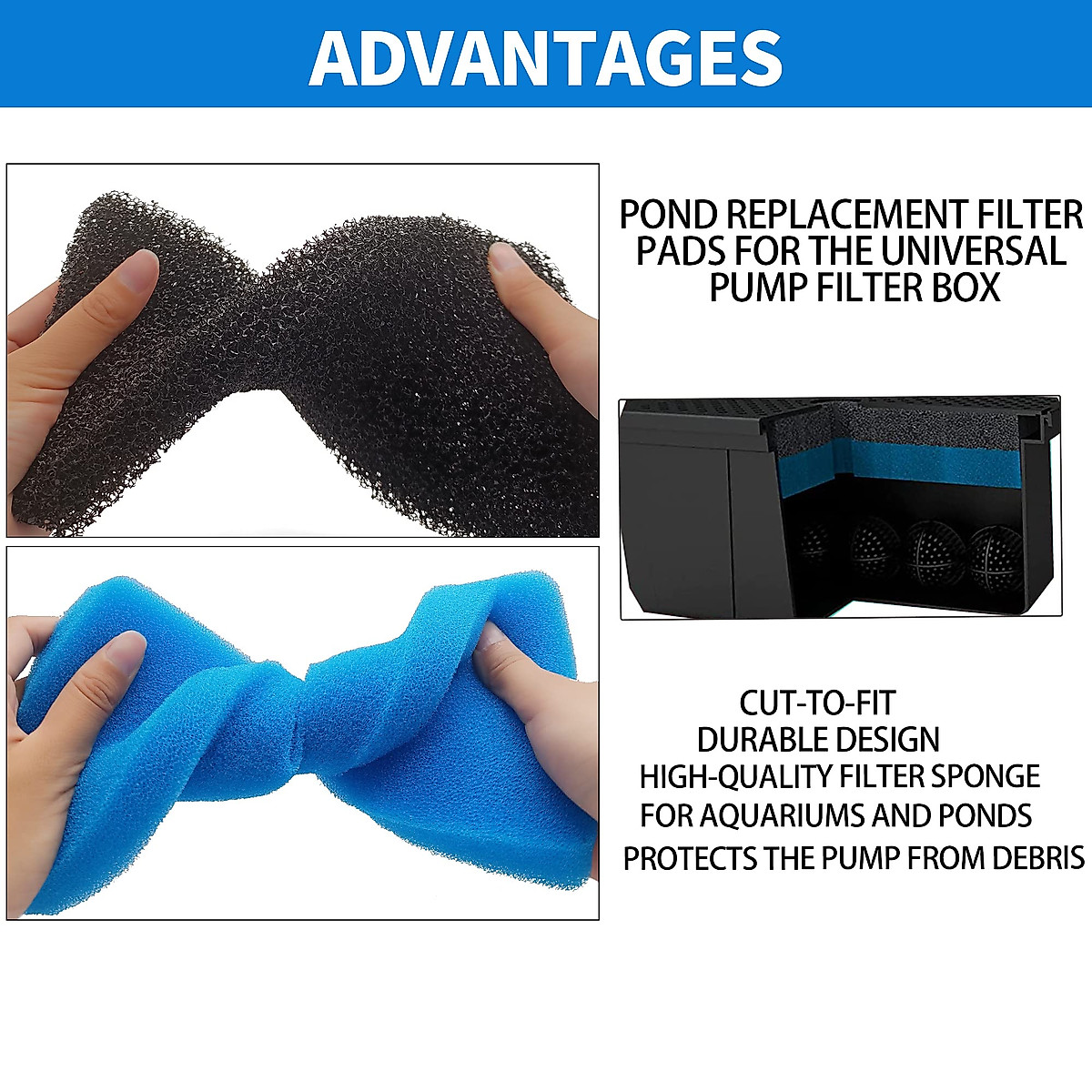 2PCS Pond Replacement Filter Pads,Coarse and Fine Pads for Pond Pump Pre-Filter Box,Blue and Black Sponge Filters Replacement