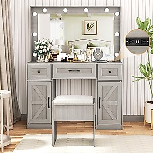 Greenvelly Makeup Vanity Table with Lighted Mirror, Grey Vanity Desk with 3 Lighting Modes and Stool Set, Dressing Table with Drawers, Vanity Desk for Women and Girls' Bedroom