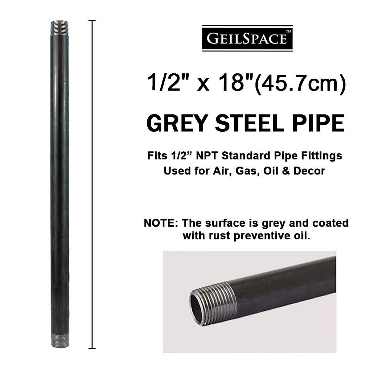 GeilSpace 6 Pack 1/2" × 18" Heavy Duty Pre-Cut Grey Metal Pipe, Industrial Steel Fits Standard Half Inch Threaded Pipes and Fittings - Vintage DIY Industrial Shelving (1/2" × 18", Grey)