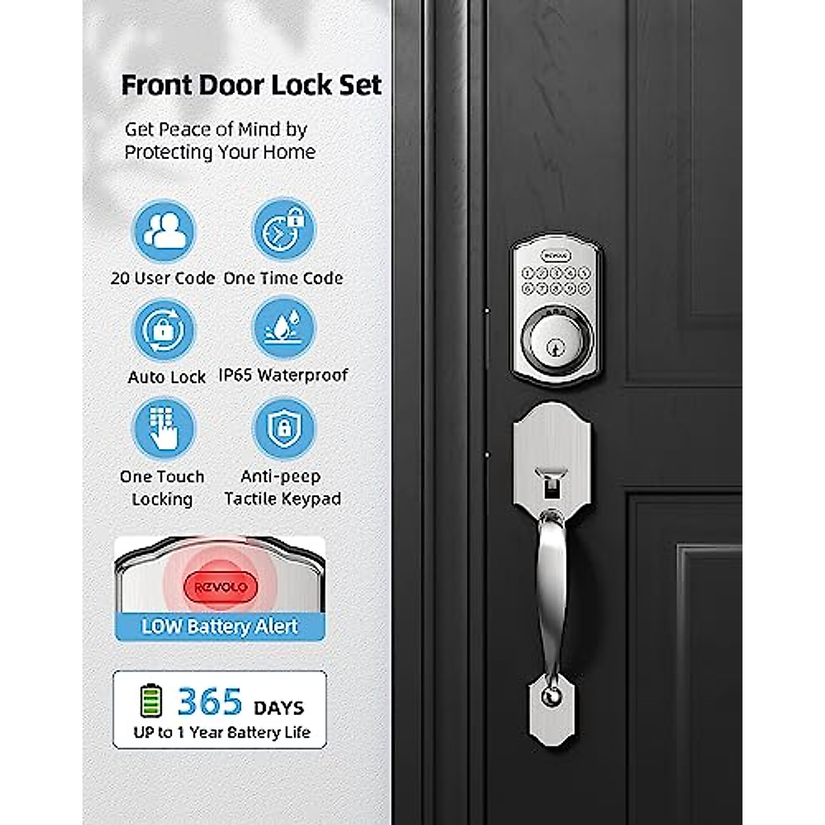 Revolo RE001 Electronic Keypad Deadbolt, Keyless Entry Door Lock, Keyed Entry, Auto Lock, Smart Lock with Handle, Front Door Handle Sets, Anti-Peeking Password, Satin Nickel