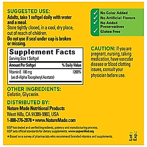 Nature Made Vitamin E 180 mg (400 IU) dl-Alpha, Dietary Supplement for Antioxidant Support, 100 Softgels, 100 Day Supply