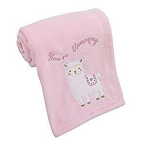 NoJo Little Love Sweet Llama & Butterflies Super Soft Pink Baby Blanket with Applique & Embroidery, Pink, Ivory