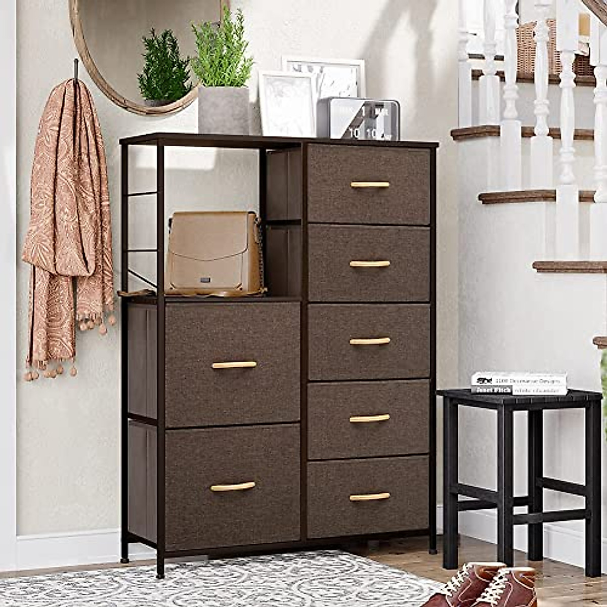 Crestlive Products Vertical Dresser Storage Tower with Shelves, 7 Drawers Closet Organizer, Night Stand, Fabric Bins, Versatile Cabinet Dresser for Bedroom, Living Room, Hallway (Brown)