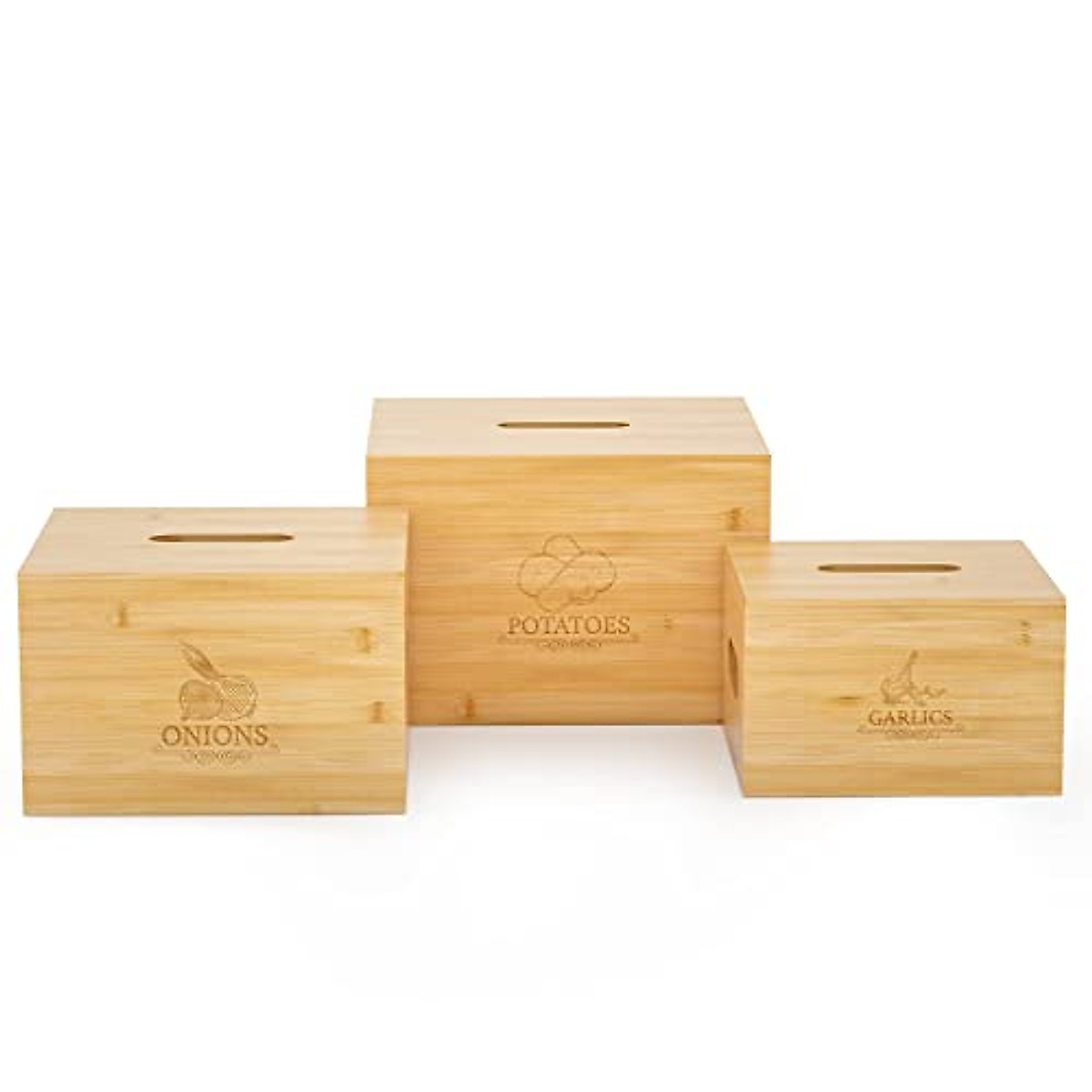 G.a HOMEFAVOR Potato and Onion Storage Bamboo Bin, 3 Piece Garlic Potato Onion Container, Potato Storage Vegetable Keeper, Bamboo Produce Box Sets For Kitchen Counter