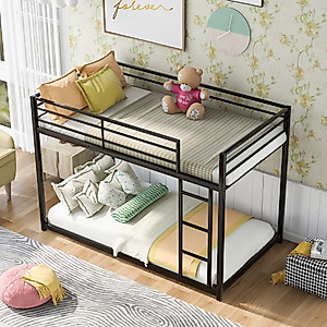 Favfurish Twin Over Twin Metal Bunk Bed with Full-Length Guardrail,Low Bunk Bed W/Ladder, Steel,No Noise,Bedroom Furniture for Children,Teens and Adults,Black