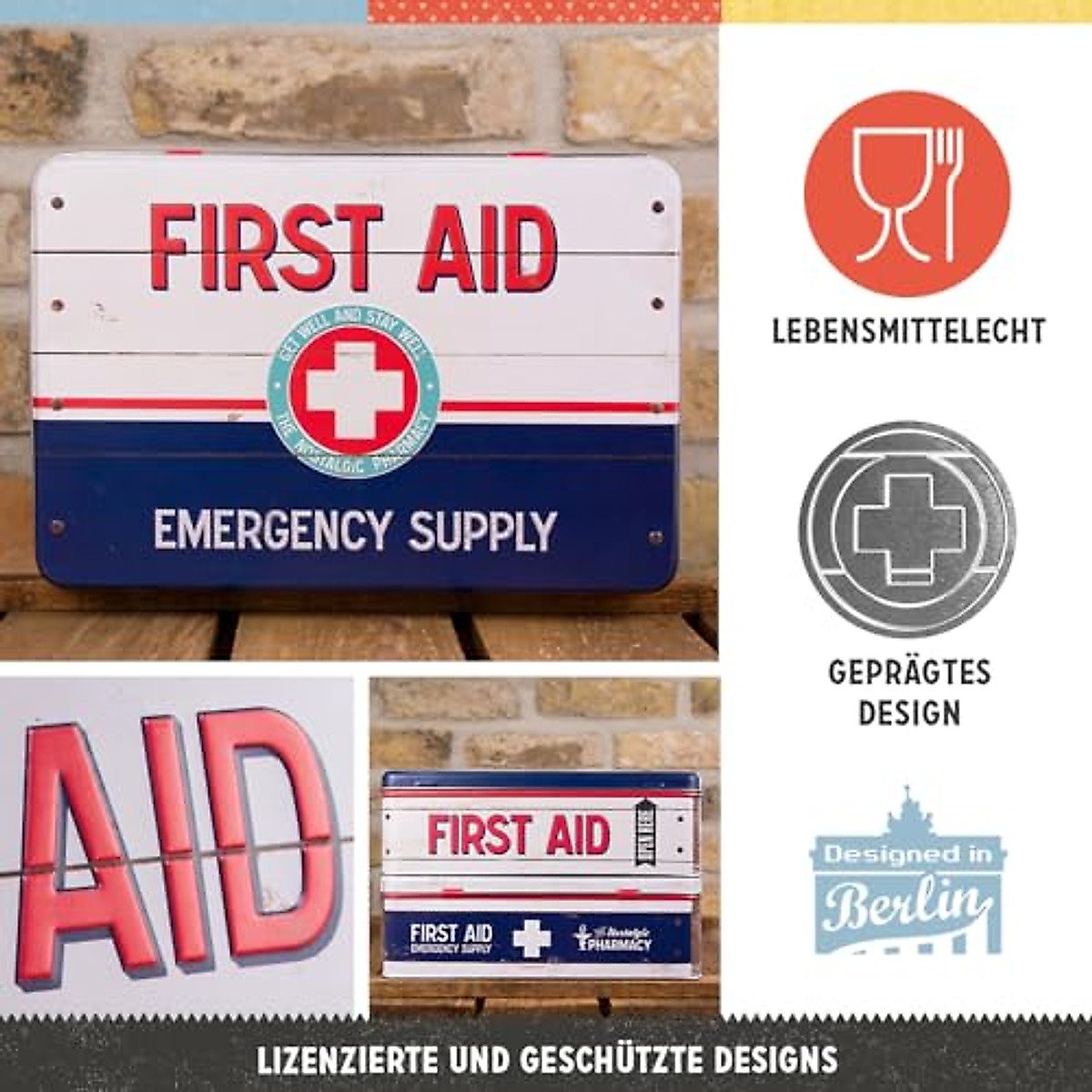 Nostalgic-Art First Aid Blue-Emergency Supply Tin Box Flat, 13 x 16 x 7 cm / 9 x 6,3 x 2,8 Inch, Multicoloured