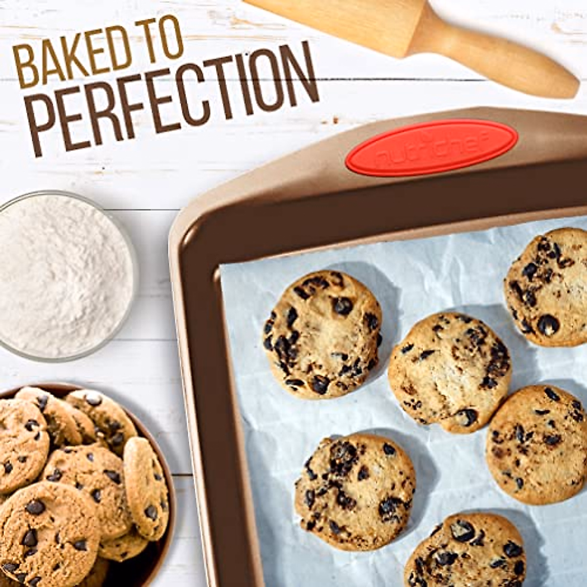 NutriChef 15-Piece Non-Stick Baking Pan Set - Durable Carbon Steel Bakeware Set with Loaf & Muffin Pans, Square & Round Cake Pans, Roaster Pan with Lid, Cookie Sheet, & Nylon Utensils - Gold