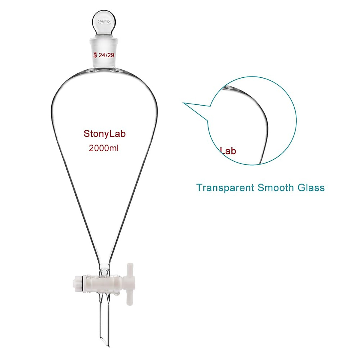 StonyLab PTFE Stopcock Separatory Funnel 2L, Borosilicate Glass Heavy Wall Conical Pear-Shaped Separatory Funnel Separation Funnel with 24/29 Joint