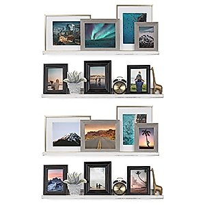 Rustic State Ted Wall Mount Narrow Picture Ledge Shelf Photo Frame Display - 36 Inch Floating Wooden Shelf for Living Room Office Kitchen Bedroom Bathroom Décor - Set of 4 - Burnt White