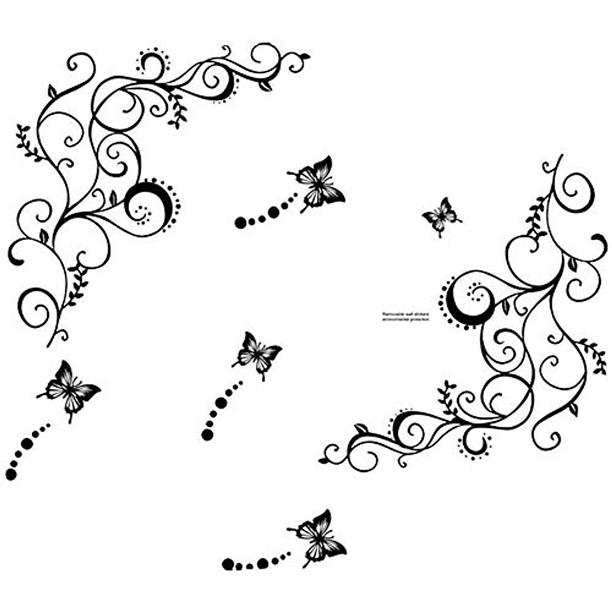 RW-051 Removable Black Vinyl Flower Vines Wall Decal Butterfly Wall Stickers Floral Wall Decor 3D Peel and Stick Art for Girls Bedroom Nursery Living Room Kids Babys Rooms Home Wall Decoration (B)