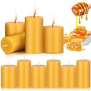 Threlaco 10 Pcs Pure Beeswax Candles Set Natural Unscented Beeswax Pillar Candle 2.4 x 3 Inch 2 x 4 Inch Smokeless Bees Wax Candles Long Burn Time Scentless Candles for Prayer Decoration Home Relax
