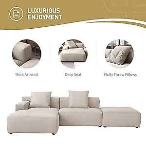 Acanva Luxury Modern Modular L-Shape Sectional Sofa Set, 3 Seat Upholstered Couch with Chaise Lounge for Living Room Bedroom Apartment, Cream