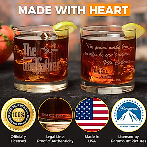 The Godfather Etched Whiskey Glass - with Logo & Quote ''I’m gonna make him an offer he can’t refuse'' - Officially Licensed, Premium Quality, Handcrafted Glassware, 11 oz. Collectible Rocks Glass