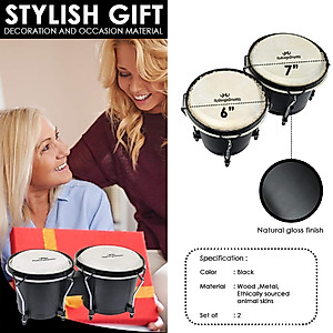 Bongo Drum Set for Adults Kids Beginners Professionals, Upgrade Packaging, Set of 6 and 7 inch Tunable Percussion Instruments, Natural Animal Hides Hickory Shells Wood Metal with Tuning Wrench