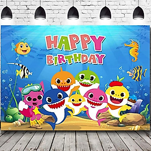 FUNTON Baby Shark Backdrop, Baby Shark Party Supplies, Baby Shark Birthday Decorations (5x3 FT)…