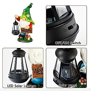 WOGOON Garden Gnome Statue, Resin Figurine with Bright Solar Lantern Lights and Welcome Sign, Outdoor Solar-Powered Illumination Yard Art Decorations for Indoor Outdoor Patio Lawn Garden Room