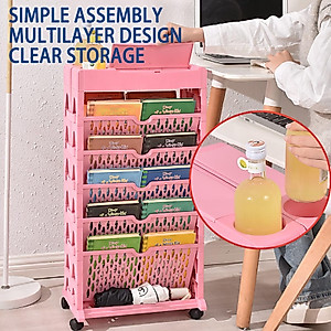 YAYLAIP Rolling Bookshelf Cart,6-Tier Large Capacity,on Wheels Moveable Office Desk File Bookshelf Organizer,with Wheel Multilayer Rotatable,Mobile Portable Removable Plastic Practical Rolling（Pink