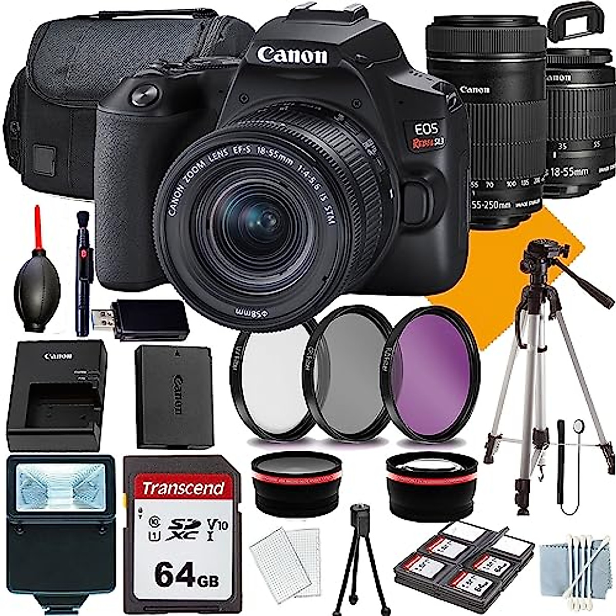 Canon EOS Rebel SL3 Camera with 18-55mm EF-S 55-250mm f/4-5.6 is STM Lens+Commander Starter Kit+Lens Filters+CASE+64Memory Cards (18PC)