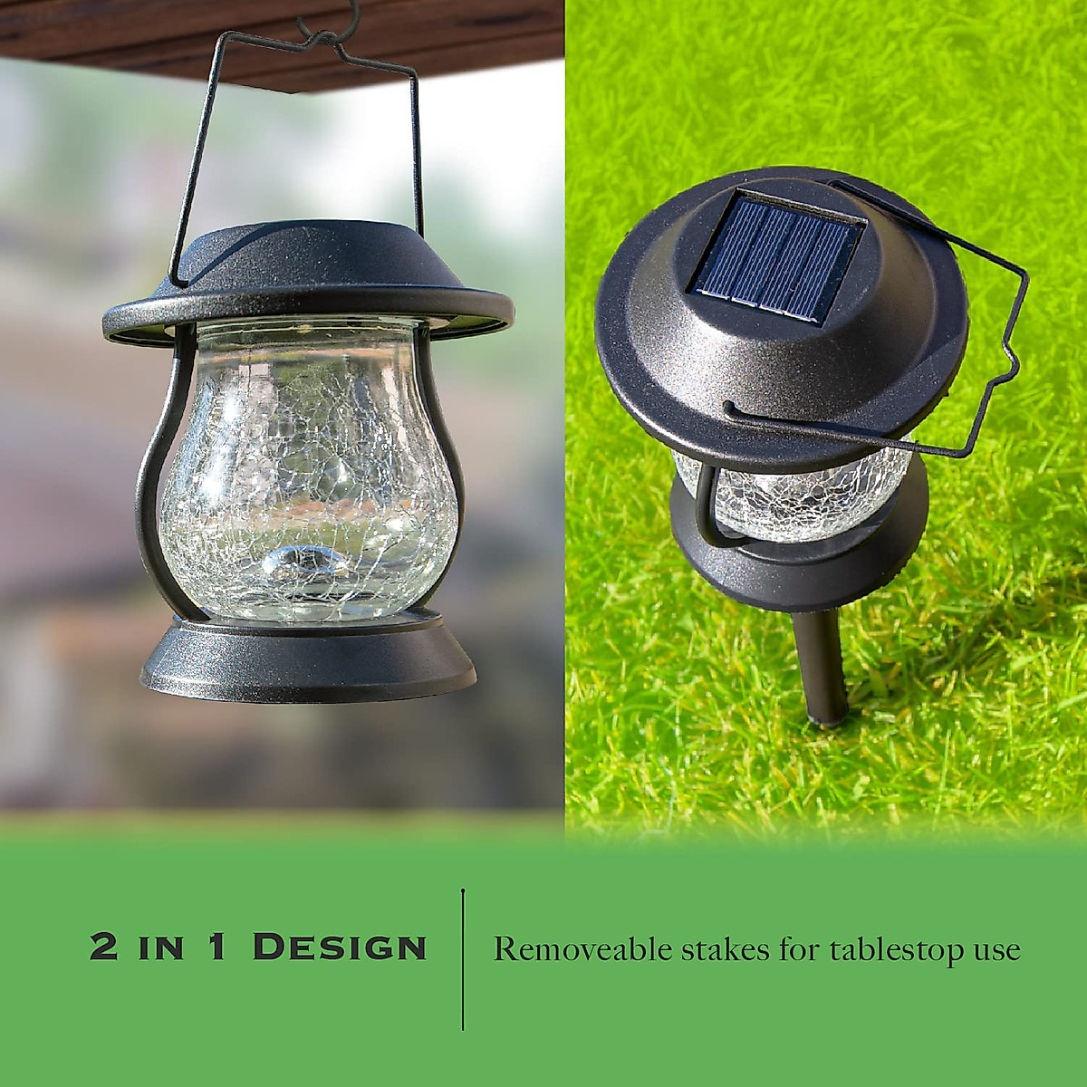 Landia Home Solar Pathway Lantern - Outdoor Decorative 2 in 1 Path Light or Hanging Lantern with Large Crackle Glass Housing, 2-Pack