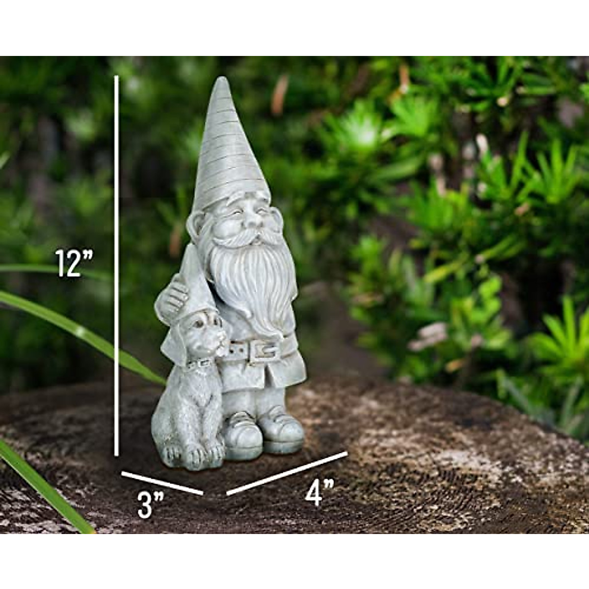 NAT & Jules Gnome and Dog Aged Cement Hue 12 inch Resin Stone Garden Statue