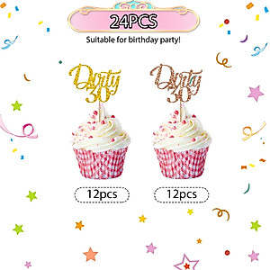 24pcs Dirty 30 Cupcake Toppers, Happy 30th Birthday Cupcake Toppers, Gold & Brown Glitter Cake Decorations for Thirty Years Old Birthday/Anniversary Party Supplies