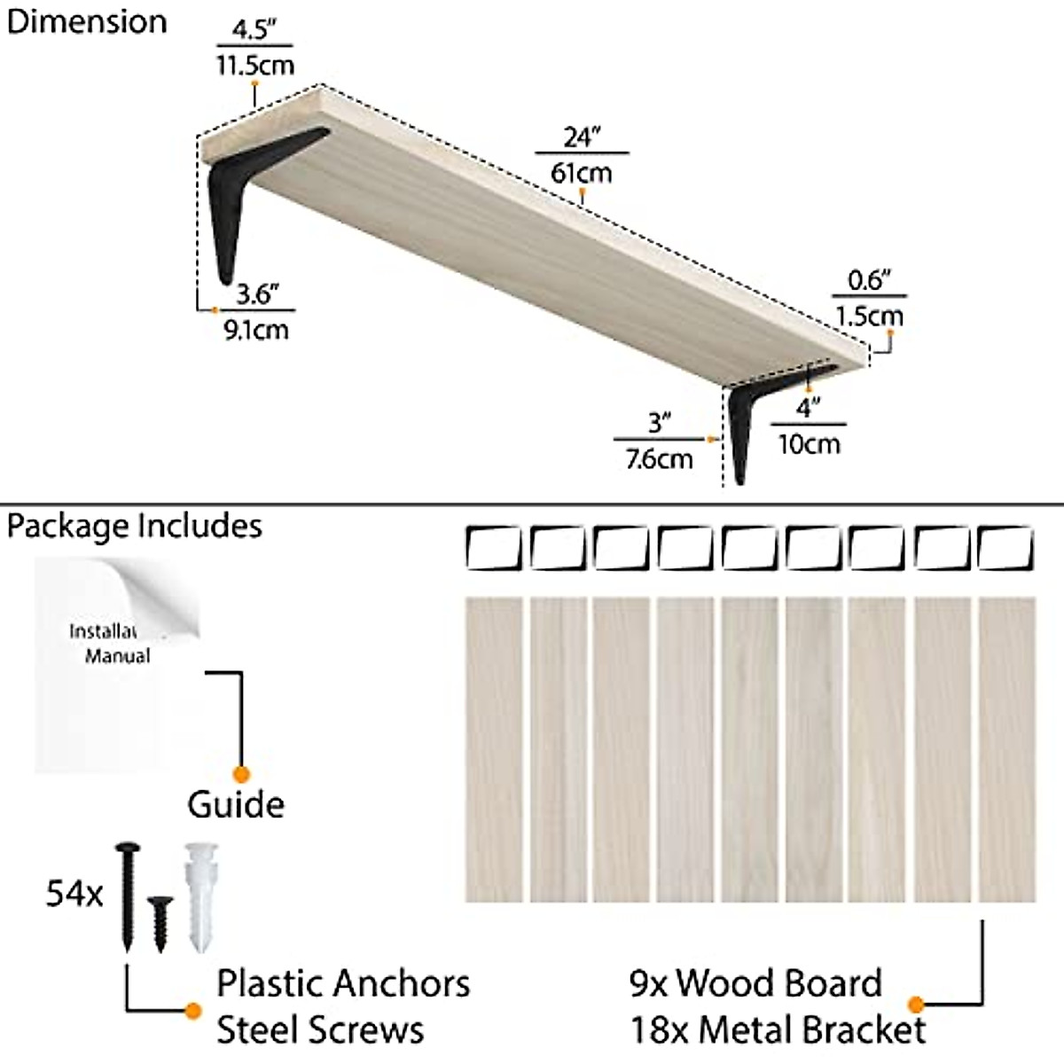 Wallniture Arras 24" Floating Shelves for Wall Storage, Wall Bookshelf Living Room Decor, Wall Shelves for Bedroom & Office, Kitchen Wall Shelf Set of 9, Natural, Wood