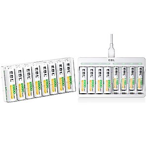 EBL Rechargeable AA Batteries 2800mAh (12 Pack) and AAA Ni-MH Rechargeable Batteries 1100mAh (4 Pack) with 8-Bay AA AAA Individual Battery Charger