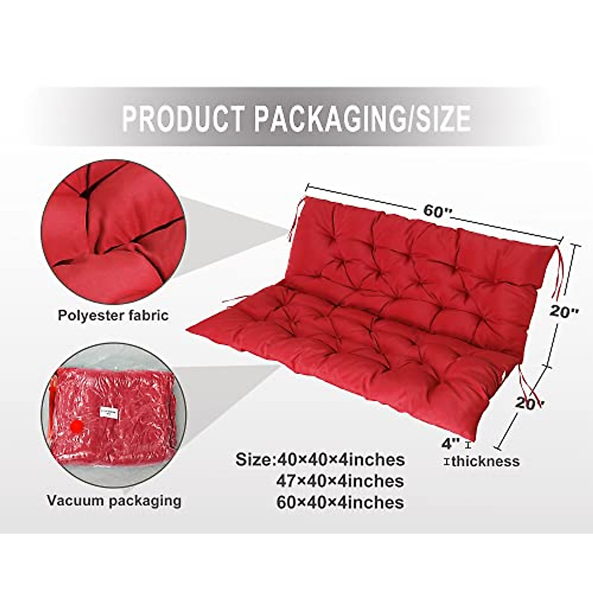 COSNUOSA Swing Replacement Cushions Waterproof Porch Swing Cushions 2-3 Seater Outdoor Swing Cushions for Outdoor Furniture Red 60x40 Inches