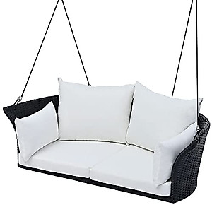 Patio 51.9” 2-Person Swing Chair,Outdoor Rattan Woven Hanging Seat with Adjustable Rope and Cushion,for Porch Lawn Garden Backyard Balconies (Black&b)