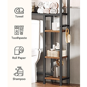 HOOBRO Over The Toilet Storage, 5-Tier Industrial Bathroom Organizer, Bathroom Space Saver with Toilet Paper Holder, Toilet Storage Rack, Small Spaces, Rustic Brown and Black BF84TS01