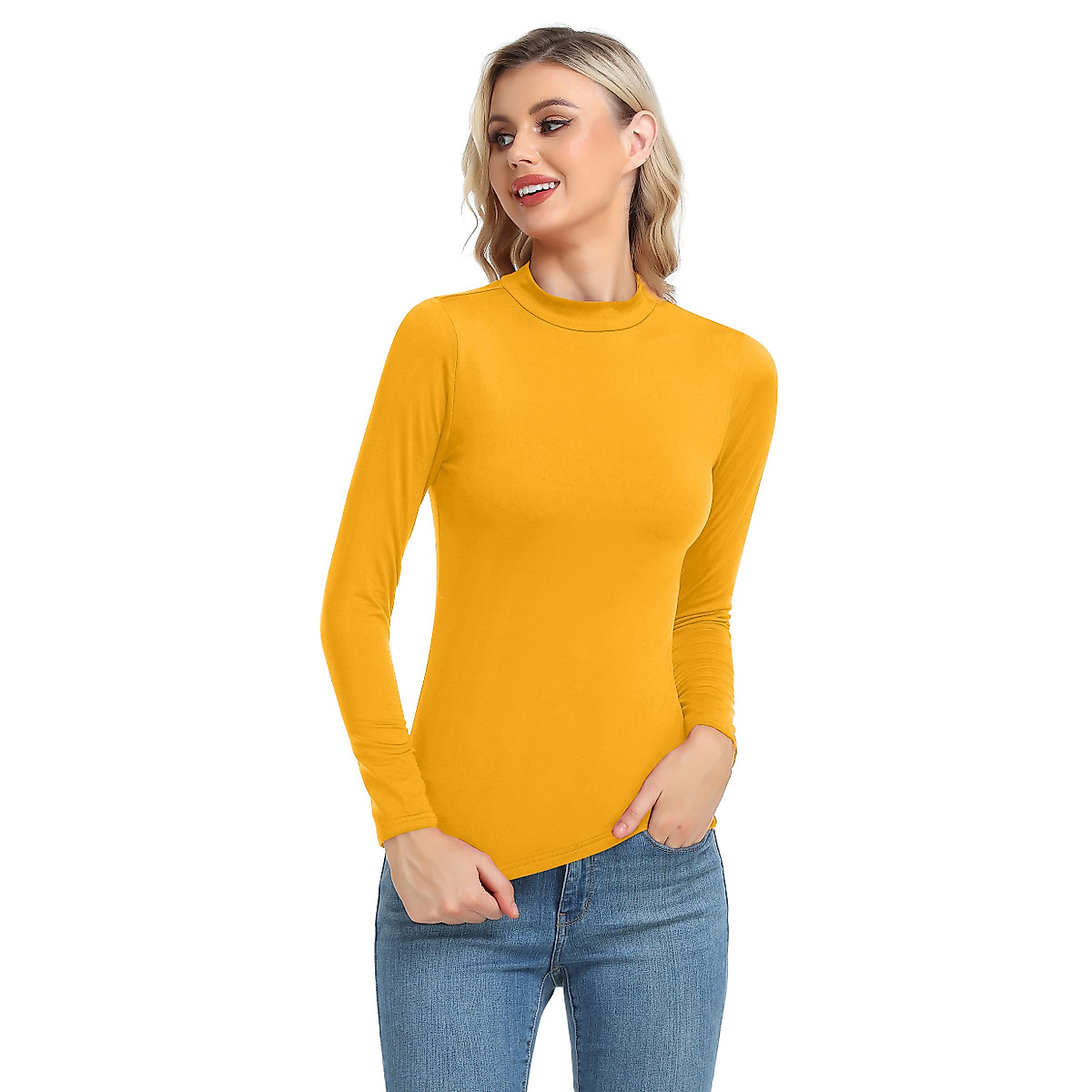 Women Long Sleeve Thermal Top Lightweight Mock Neck Shirts Slim Fit Layer Top Mustard Large