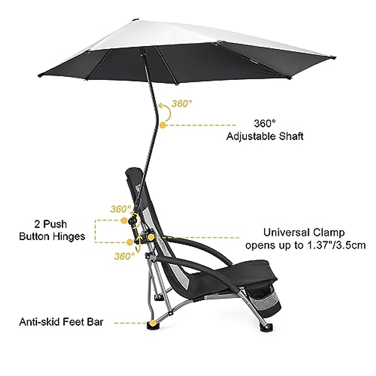 G4Free Beach Chair with UPF 50+ Adjustable Beach Umbrella, Universal Clamp Umbrella Folding Portable Backpack Camping Chair and UPF 50+ Adjustable Beach Umbrella for Adults Black