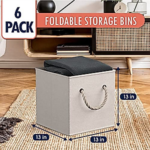 Ornavo Home Foldable Collapsible Storage Box Bins Linen Fabric Shelf Basket Cube Organizer with Rope Handles - Set of 6 - 13 x 13 x 13 - Beige