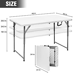 Byliable Folding Table 4 Foot Portable Heavy Duty Plastic Fold-in-Half Utility Foldable Table Small Indoor Outdoor Adjustable Height Plastic Folding Table with Carrying Handle, Camping and Party