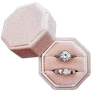 Beatilog Velvet Ring Box - Octagon Premium Vintage Wedding Ring Holder Handmade Double Ring Bearer Jewelry Display Organizer for Proposal, Engagement, Ceremony, Christmas, Photography (Light Pink)