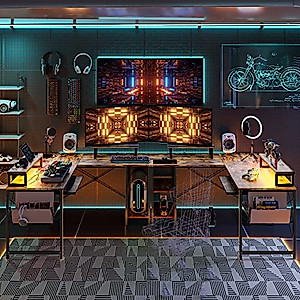 Bestier L Shaped Gaming Desk with Led Light 95.2 Inch Computer Corner Desk or 2 Person Long Table with Shelves Monitor Stand and Keyboard Tray for Home Office, Rustic Brown