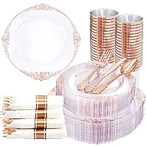 Nervure 350PCS Rose Gold Plastic Plates - Clear Rose Gold Disposable Plates for 50Guests - 50Dinner Plates, 50Dessert Plates, 150Rose Gold Silverware, 50Cups, 50Rolled Napkins for Wedding & Party