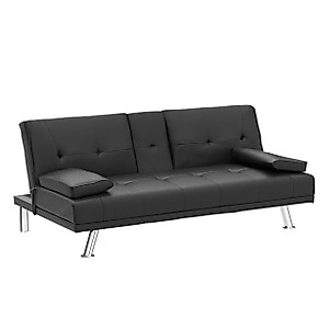 Modern Futon Sofa Bed with 2 Cupholders, PU Leather Convertible Upholstered Couch Bed Loveseat Sleeper, Folding Small Couches Love Seat, Reclining Sofa, Removable Armrests for for Small Spaces (Black)