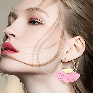 LOYALLOOK Pink Tassel Earrings For Women Fan Shape Tassel Earrings Long Thread Tassel Earrings Bohemian Fringe Drop Handmade Earrings Tassel Earrings Set for Women Dangling